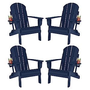 Adiromoti Folding Adirondack Chairs Set of 4, All-Weather Resistant HDPE Patio Firepit Chairs, Sturdy Outside Chairs with Cup Holder, Lawn Chairs, 80% Pre-Installed Load Capacity 385lb, Navy Blue