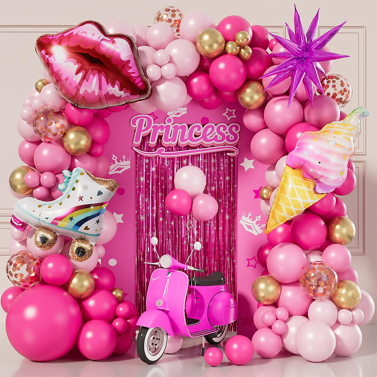 128 Pcs Hot Pink Balloon Arch Kit, Metallic Gold Star Confetti Balloons for Barbie Theme Princess Party Birthday Girl Baby Shower Anniversary Wedding Valentines Day Graduation Decorations