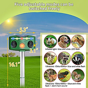 Ultrasonic Solar Animal Repeller for Yard, 5 Modes Outdoor Cat Repellent Squirrel Repellent with Motion Sensor & Flashing Light, Animals Deterrent for Squirrel Bird Deer Cat Skunk Dog for Yard Garden