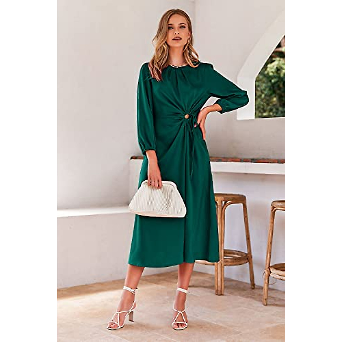 PRETTYGARDEN Women's 2023 Satin Maxi Dress Puff Long Sleeve Crewneck Cutout Casual A-line Long Flowy Dresses (Dark Green,X-Large)