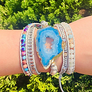 YGLINE Wrap Natural Stones Leather Wrap Around Stone Bracelet 5 Layer Natural Agate Beaded Leather Bohemian Tribal Bracelet