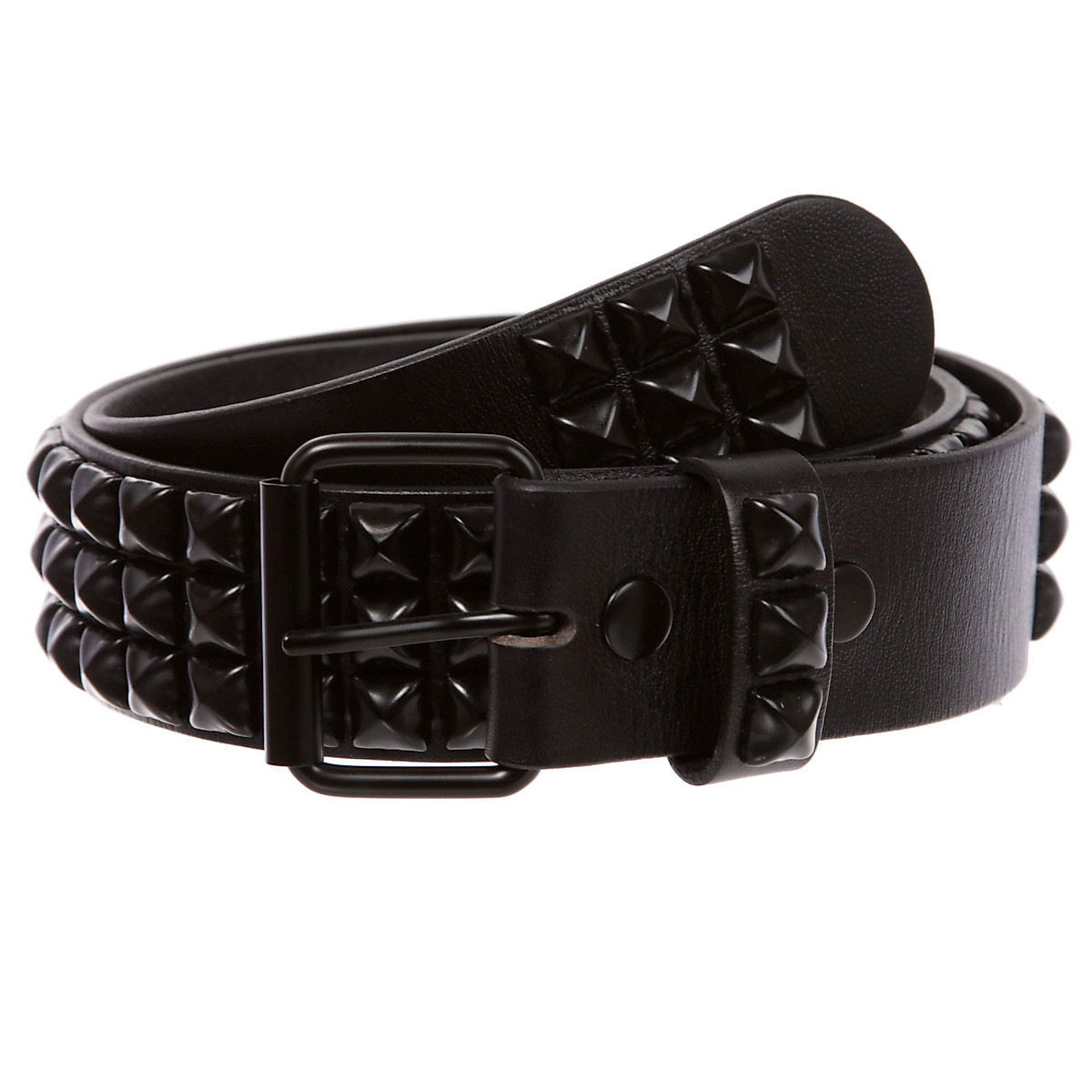 Three Row of Punk Rock Star Metal Black Studded Leather Belt, 38"