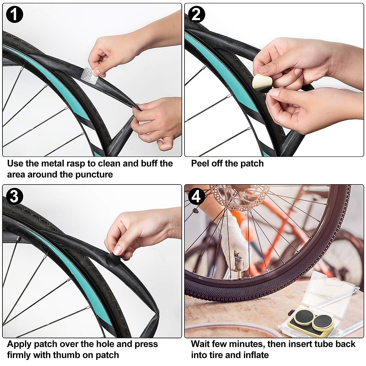 Pre-glued Patch Puncture Repair Kit Bike Tire Patch Repair Kit, Bicycle Tube Puncture Rubber Patches Glueless Patches with Metal Rasp and Portable Case for Bike Inner Tube