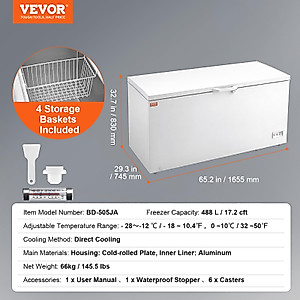 VEVOR Chest Freezer, 17.2 Cu.ft / 488 L Large Deep Freezer & 4 Removable Baskets, Freestanding Top Open Door Commercial Chest Freezers with Locking Lid, 7-Level Adjustable Temp, LED Lighting, 6 Wheels