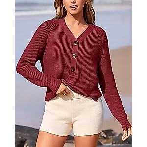 BTFBM Women Long Sleeve V Neck Button Down Sweater Solid Color Ribbed Knit Sweater Casual Relaxed Fit Pullover Jumper (Solid Jujube Red, Large)