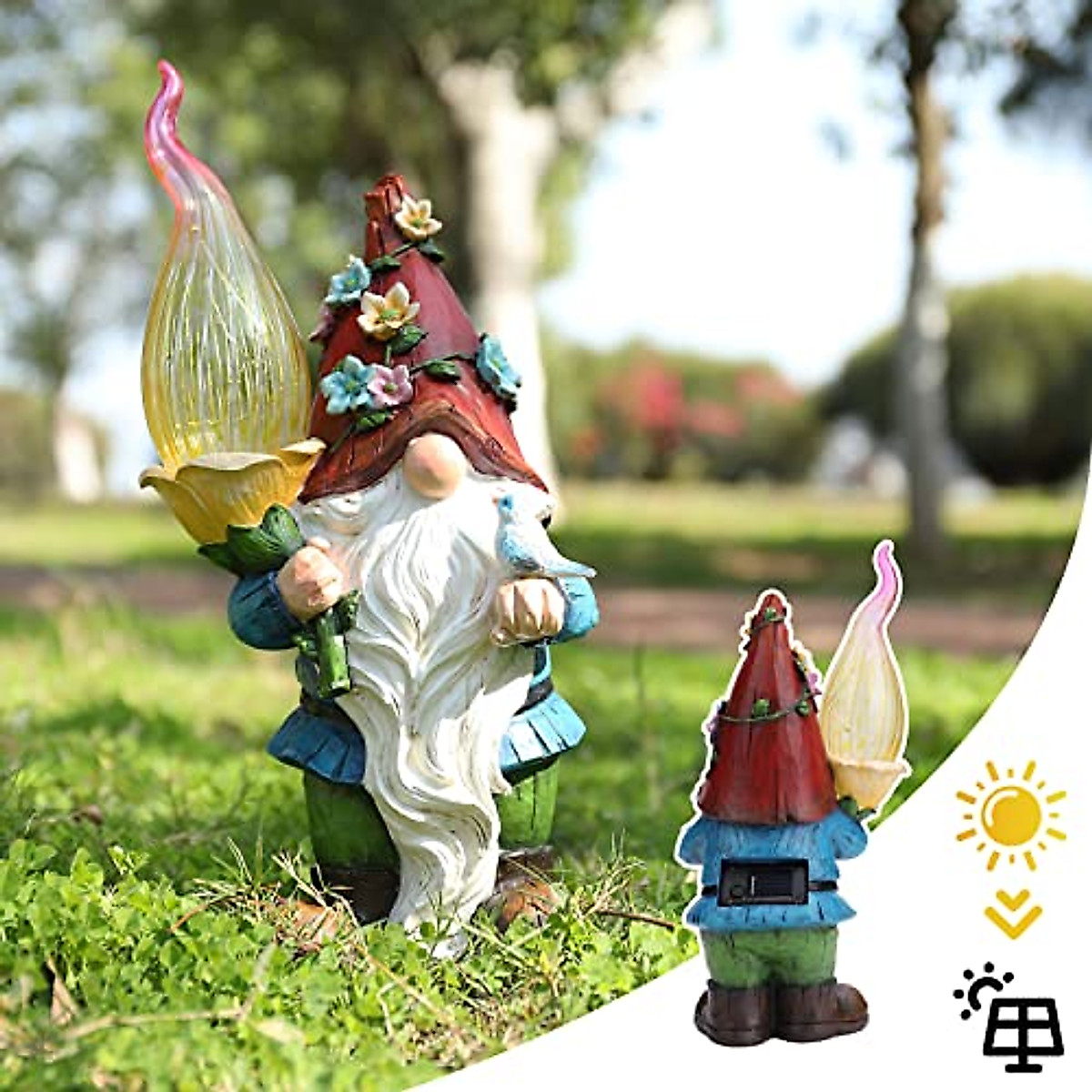 Ovewios Garden Gnome Statue - Large Gnomes Figurine in Red Flower Hat with Solar Light Resin Garden Decoration for Outside Patio Yard Lawn Porch Outdoor Summer Decoration Gifts…