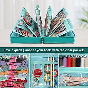 FINPAC Sewing and Craft Supplies Storage Tote, Large Capacity Travel Packing Organizer Bag with Clear Pockets and Handle for Knitting, Crochet, Art, Sewing Accessories (Emerald Illusions)