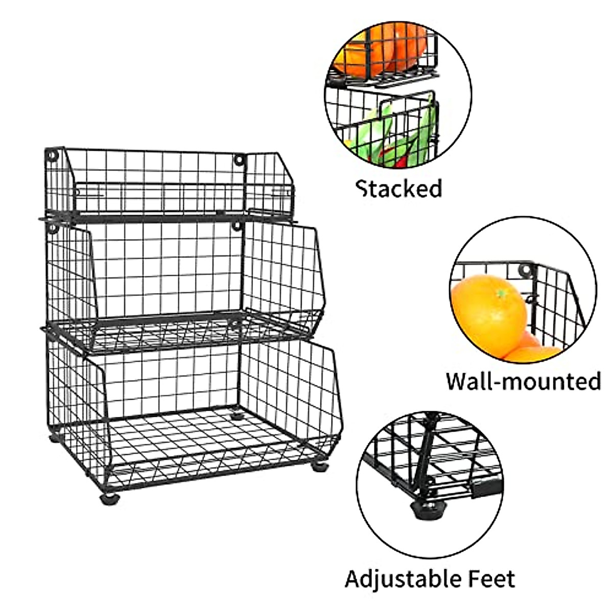 Fruit Vegetable Basket 3-Tier Stackable Fruit Bowl Wall-mounted Countertop Wire Storage Detachable Bin for Potato Onion Tomato Storage Kitchen Organizer Pantry Baskets Cabinet With Adjustable Feet