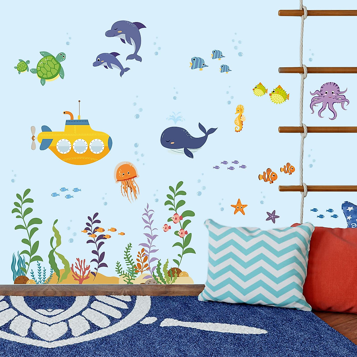 wondever Under The Sea Submarine Wall Stickers Tropical Fish Seaweed Dolphin Peel and Stick Wall Art Decals for Baby Nursery Kids Bedroom Bathroom