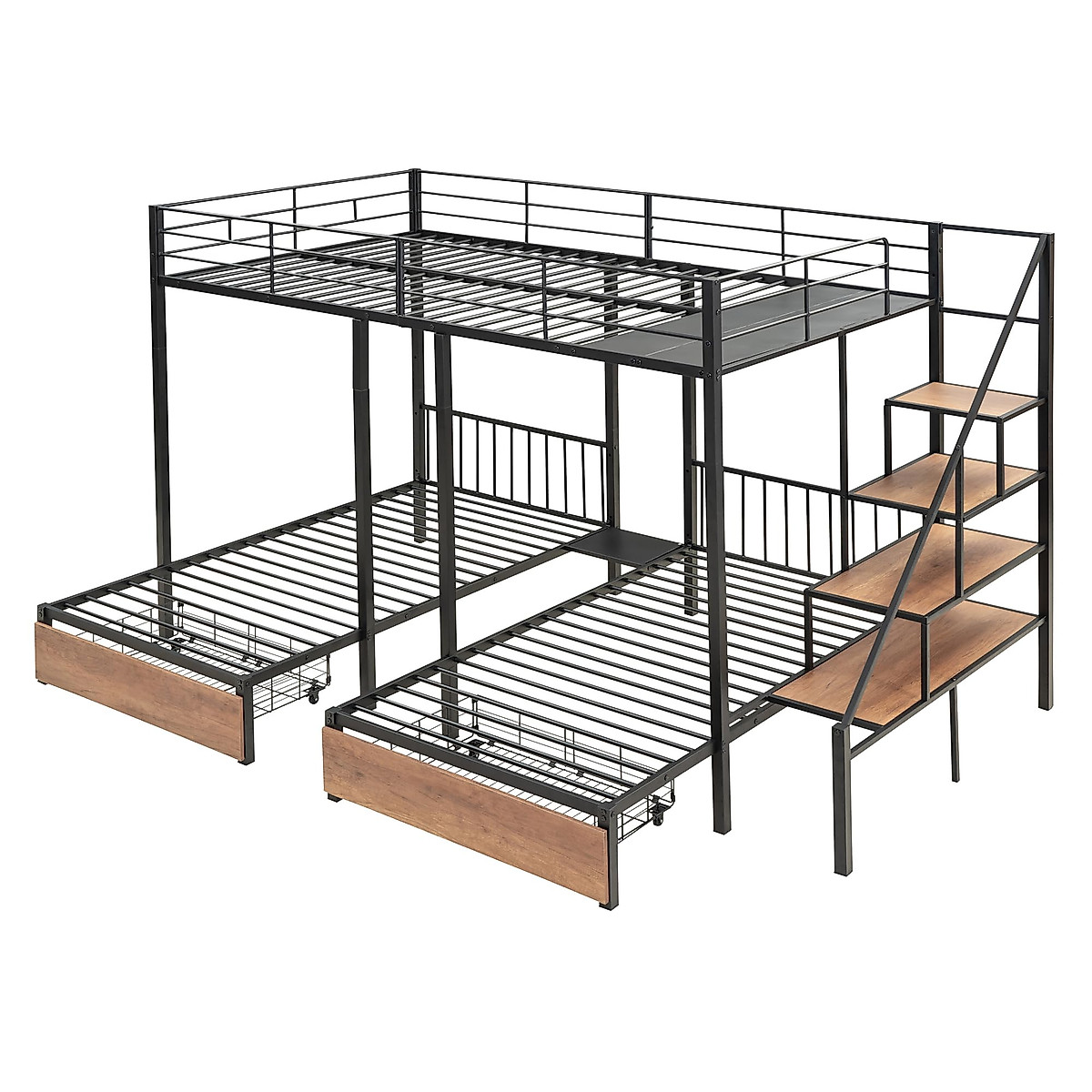 Bellemave Triple Bunk Bed with Storage Stairs, Metal Full Over Twin & Twin Bunk Beds, Detachable Bunk Bed for 3 Kids with Storage Shelf for Three Boys Girls Teens, Black