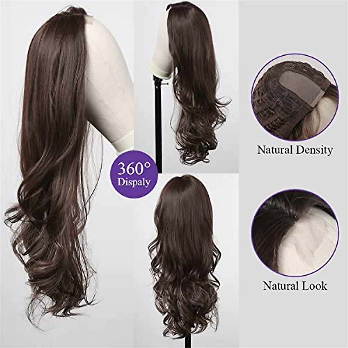 Allbell Honey Brown Long Wavy Wigs for Women 24 Inch Brown Highlights Middle Parting Curly Wig Natural Looking Heat Resistant Synthetic Hair Replacement