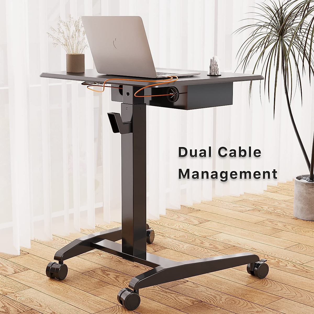 JOY worker Height Adjustable Rolling Laptop Desk with Shelf,Mobile Standing Desk,Pneumatic Mobile Laptop Table with Wheels for Couch Home Office School,Holds Up to 22lbs,Black