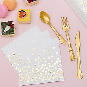 White and Gold Party Supplies, 350PCS Disposable Dinnerware Set w/White Paper Plates Napkin Cups Plastic Forks Knives Spoon for Women Men Birthday Easter Retirement Engagement Graduation Decorations