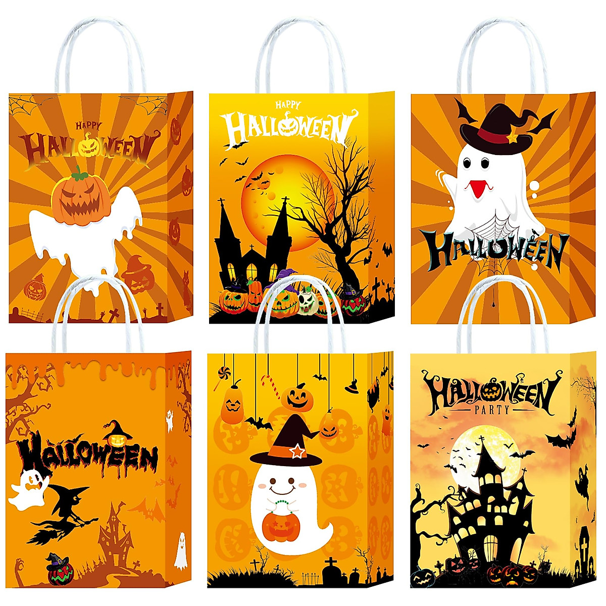Hitkmi 18 Pcs Halloween Bags,Treat Bags, Halloween Paper Gift Bags, Trick or Treat Bags, Goodie Bags with Handles for Halloween Candy, Gift, Baked Goods, Party Supplies (Orange, 18 Pcs)