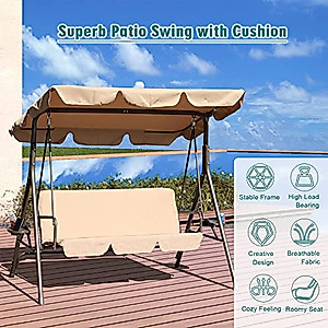 GOLDSUN 3 Person Outdoor Weather Resistant Patio Glider Swing Hammock with Utility Tray, Removable Cushion, & Canopy for Patio, Garden, or Deck, Beige