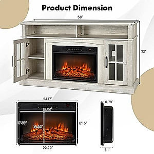 COSTWAY Electric Fireplace TV Stand for TVs Up to 65 Inches, 1400W Heater Insert with Remote Control, 6H Timer, 3-Level Flame, Overheat Protection and CSA Certification, Adjustable Shelves, Grey
