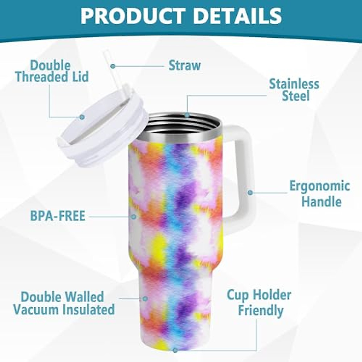 RPLIFE Dreamy Tie Dye Pastel Travel Coffee Tumbler, Stainless Steel Mug, Insulated Cup with Straw, Coffee Tumbler for Women