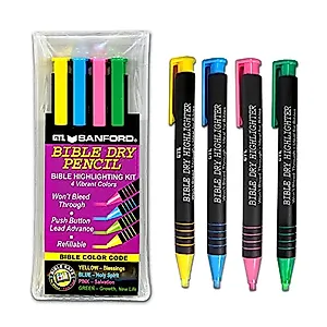 G.T. Luscombe Company, Inc. Bible Dry Highlighting Kit | No Bleed Eco-Friendly Refillable Dry Highlighters | No Sharpening | No Smearing or Fading | Vibrant Colors Yellow, Blue, Pink, Green (Set of 4)