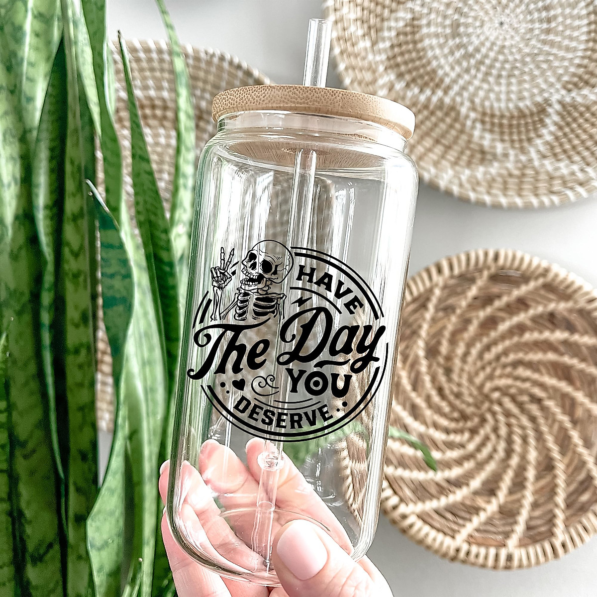 BIPEDS Funny Skeleton Glass Cups with Lids and Straws, Novelty Cute Skull Coffee Mug Tumbler Cup, Gothic Home Decor, Goth Kitchen Accessories, Emo Stuff, Spooky Witch Witchy Birthday Gifts for Women