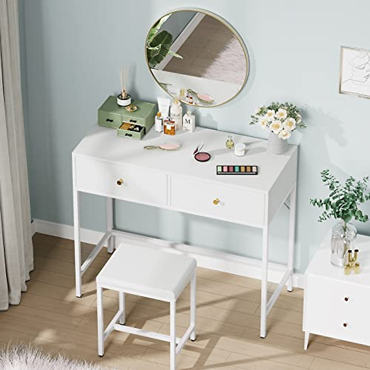SUPERJARE 35.4" White Desk with 2 Drawers, Modern Makeup Vanity Desk with Padded Stool, Small Computer Desk Home Office Desk for Writing Study Bedroom