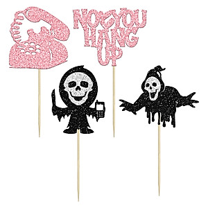 Gyufise 24Pcs Horror Movie Cupcake Toppers Glitter Telephone No You Hang Up Killer Birthday Cupcake Picks for Horror Movie Theme Birthday Halloween Party Cake Decorations Supplies