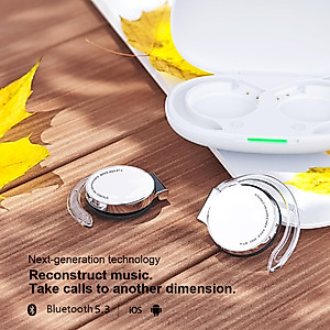 Open Ear Clip Headphones Bluetooth V5.3, Clip on Earphones Wireless with Earhooks On-Ear, Sports Headset Bluetooth with 4 Microphones, Noising Cancelling/Long Battery Life/with Charging Case (White)