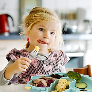 Linowos Silicone Suction Plate for Toddlers - Self Feeding Training Divided Plate Dish and Bowl for Baby and Toddler, Fits for Most Highchairs Trays (Cyan)