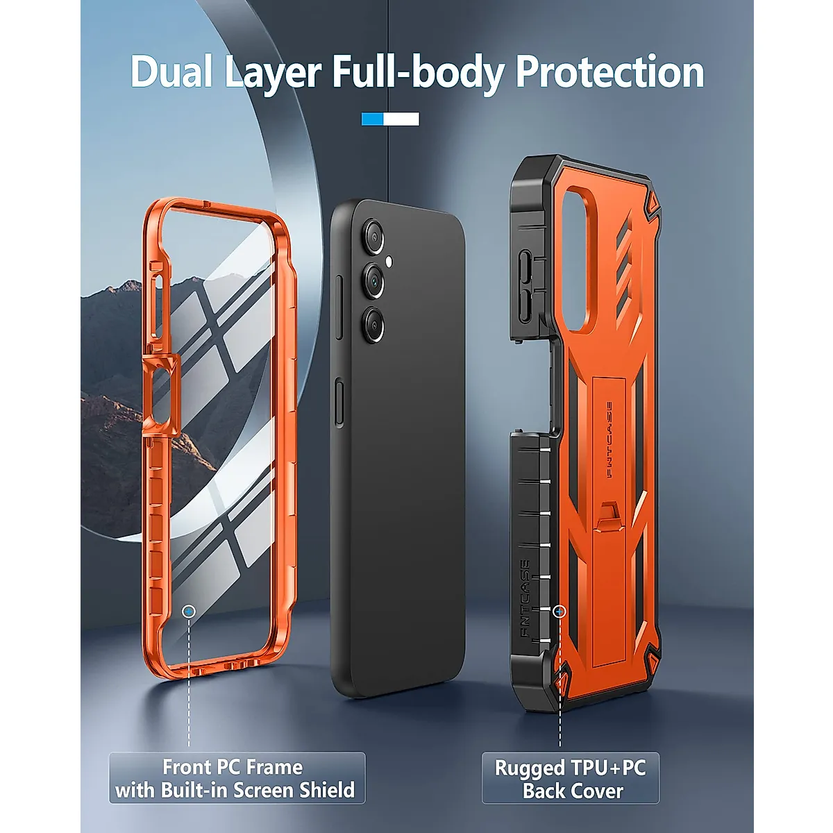 FNTCASE for Samsung Galaxy A14-5G Case: Dual-Layer Protective Textured Shockproof Rugged TPU Cover with Kickstand | Military Grade Drop Protection | Heavy Duty Cell Phone Protector - Orange