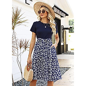 Berydress Knee Length Dress for Women Summer Casual Short Sleeve Modest A-Line Belt Party Work Dress with Pockets (S, 6188-Navy Floral)