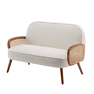 Aklaus 45" W Small Loveseat with Natural Rattan Arms,Upholstered Modern Mini Sofa Couch Love Seat Settee Bench with Back for Living Room Bedroom Office Small Space Entryway Teddy White