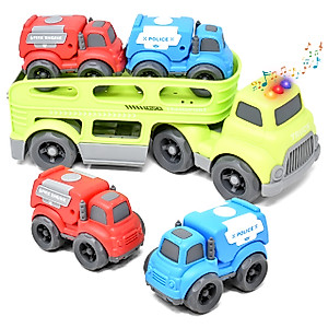 Number 1 In Service Car Toys for Boys Toddler 3 in 1 Carrier Transport Truck for Kids Vehicle Toy for Age 2 3 4 5 6 Year Old Boy, Truck & Cars with Lights & Sounds Police Car Fire Car Vehicle Playset