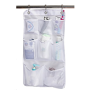 KIMBORA Mesh Shower Organizer Hanging Bathroom Caddy 8 Pockets Hang Curtain Rod with 3 Rings