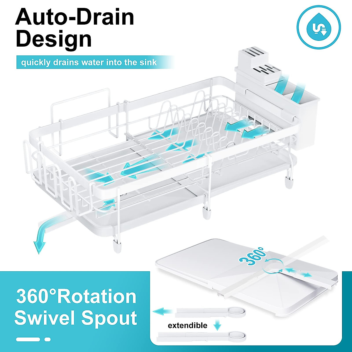 YKLSLH Expandable Dish Drying Rack Dish Racks for Kitchen Counter, Space Saving Dish Rack,Durable Kitchen Drying Rack with Drainboard, Glass Holder, Utensil Holder - White