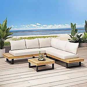 Christopher Knight Home Jerome Outdoor Acacia Wood 5 Seater Sofa Sectional, Teak and Beige