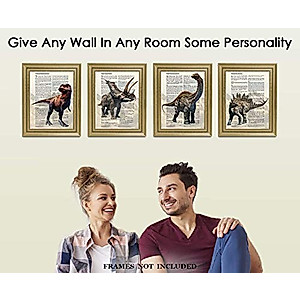 TRex, Triceratops, Brontosaurus, Stegosaurus Set of 4, 8x10 Dinosaur Wall Art: Embark on a Jurassic Journey with This Dinosaur Room Decor for Boys, Girls & Teens - Great Dinosaur Poster for Bedroom