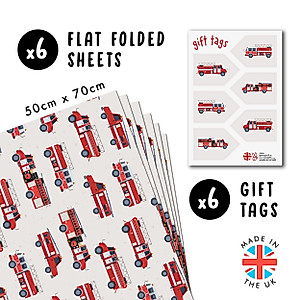CENTRAL 23 Wrapping Paper For Boys - 6 Sheets Of Fun Birthday Gift Wrap - Fire Engine - Truck - Kids Wrapping Paper - Comes With Cute Stickers - Recyclable Christmas Wrapping Paper - Red White