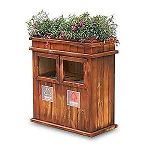 SUNESA Trash Can Anticorrosive Wood Trash Can, Wood Classification Trash Can, Top with Flower Box, Large Capacity Outdoor Commercial Trash Can Outdoor Trash Can