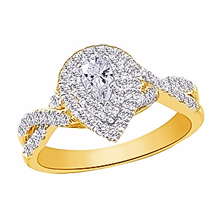 AFFY 0.62 CT White Natural Diamond Pear Shape Twist Shank Double Halo Engagement Wedding Ring In 14k Yellow Gold With Ring Size 6