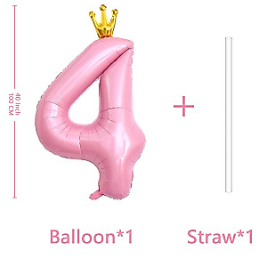 40 Inch Crown Pink Number 4 Balloon, Big Conjoined Baby Pink Foil Mylar Helium 4 Balloon | Girls 4th Birthday Party Balloon Pink Princess Theme Birthday Party Decorations Supplies Favors