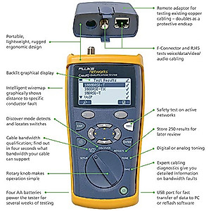 Fluke Networks CIQ-100 Copper Qualification Tester, Qualifies and Troubleshoots Category 5-6A Cabling for 10/100/Gig Ethernet, Coax and Voip, Blue