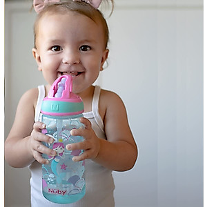 Nuby 2 Pack Iridescent Flip-it Kids On-The-Go Printed Water Bottle with Bite Proof Hard Straw - 18oz / 540 ml, 18+ Months, 2 pk (Pink/Aqua)