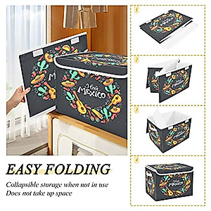 Kigai Mexico Pattern Storage Basket with Lid Collapsible Storage Bin Fabric Box Closet Organizer for Home Bedroom Office 1 Pack