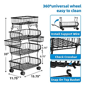 Simple Trending 4 Tier Rolling Cart, Stackable Fruit Vegetable Basket with Wheels and 2 Hanging Basket, Kitchen Storage Metal Wire Basket Stand for Vegetable Bread Snacks, Black
