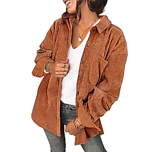 Saslax Womens Corduroy Shirt Long Sleeve Oversized Button Up V Neck Blouses Tops Loose Shacket Jacket with Pockets Burnt Oranage L