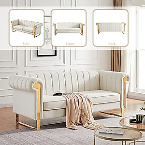 Koruiten Velvet Sofa Couch, Mid-Century Modern Couch with Arms and Removable Cushions, 84 Inch Love Seats Furniture for Living Room & Bedroom (White)