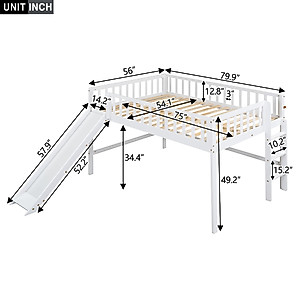 Full Size Low Loft Bed with Slide Wood Junior Loft Beds Frame with Ladder and Guardrails for Kids Boys Girls, White
