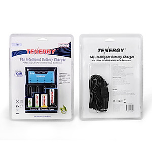 Tenergy T4s Intelligent Universal Charger, 4-Slot Battery Charger for Li-ion, LiFePO4, NiMH and NiCd Rechargeable Batteries,18650, 14500, 26650, AA AAA C Cell Battery Charger with Car Adapter
