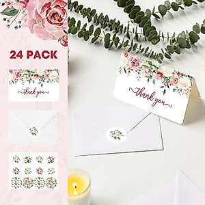 Artoid Mode 24 Pack Rose Flower Thank You Cards Wedding Greeting Cards Gift With Envelope Sticker Blank Note Cards for Birthday Wedding Baby Shower Bridal Shower, 4 x 6 Inch