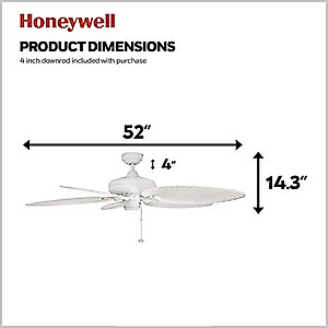 Honeywell Ceiling Fans Palm Island Tropical 52 Inch Ceiling Fan, Outdoor Ceiling Fan with Pull Chain, Tri-Mount 5 Palm Leaf Blade Design, ETL Wet Rated, White (50200-01)