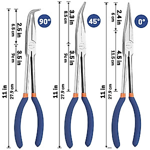 WISEPRO Long Reach 11inch/16inch Plier 3-Piece Set – 90-Degree Angle, 45-Degree Angle And Straight Needle Nose